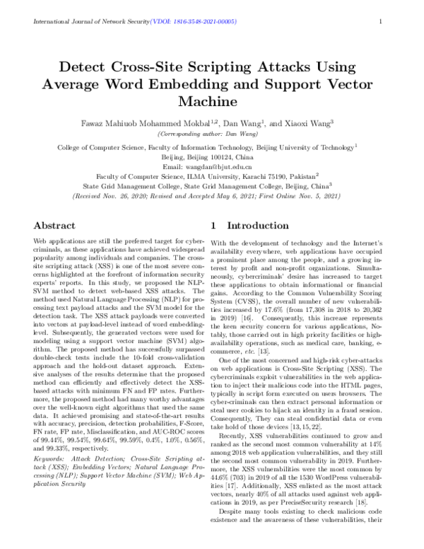 Pdf Detect Cross Site Scripting Attacks Using Average Word Embedding And Support Vector Machine