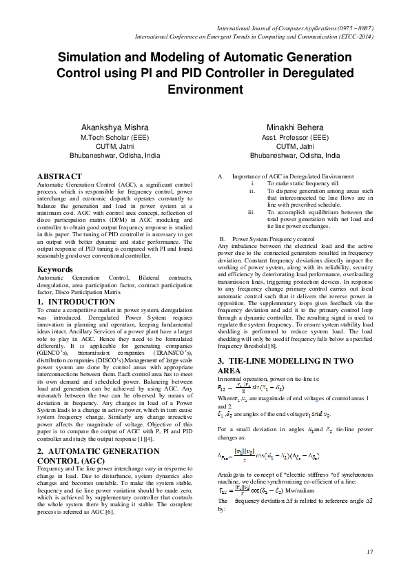 Pdf Simulation And Modeling Of Automatic Generation Control Using Pi