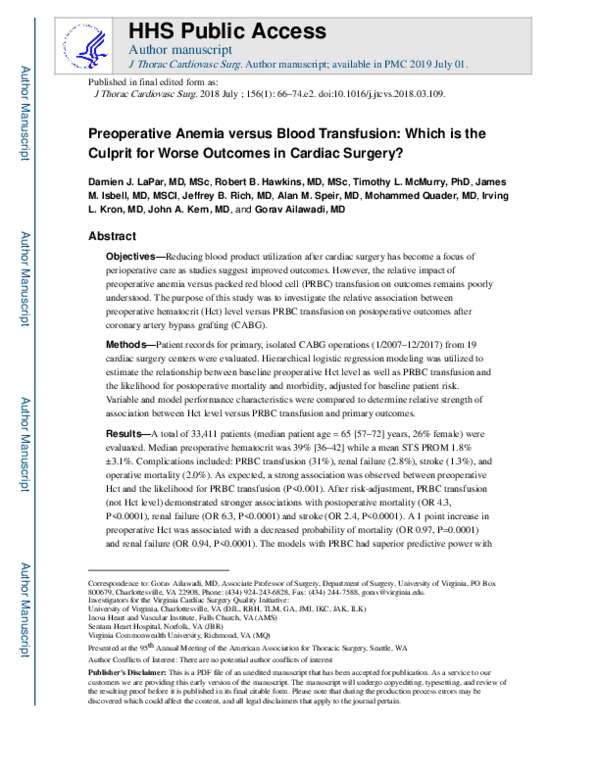 (PDF) Preoperative anemia versus blood transfusion: Which is the ...