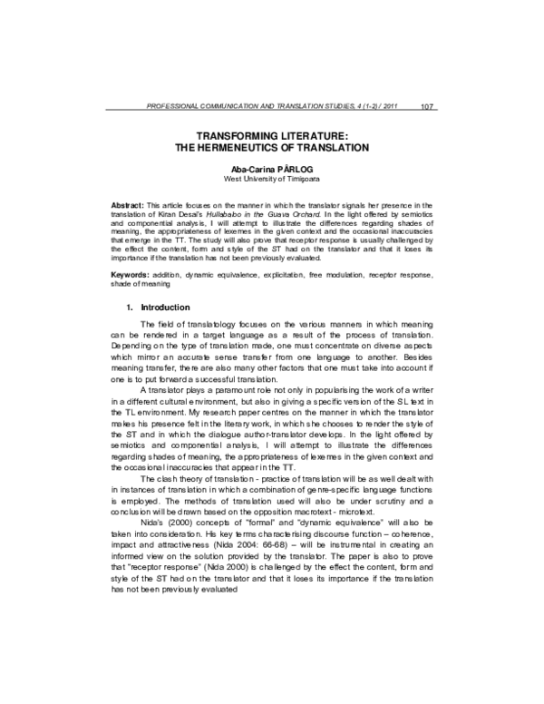 (PDF) Transforming Literature: The Hermeneutics of Translation