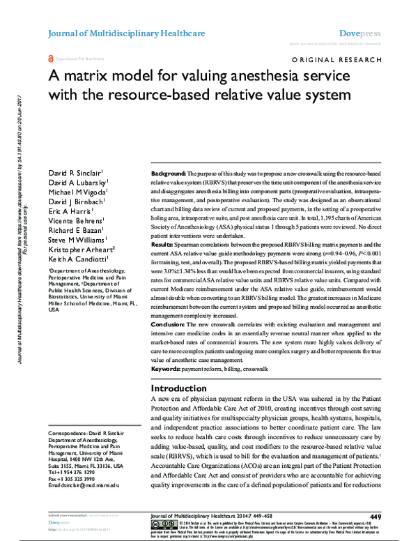 (PDF) A matrix model for valuing anesthesia service with the resource-based relative value system