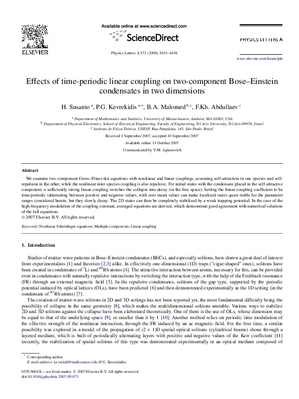 Pdf Effects Of Time Periodic Linear Coupling On Two Component Bose Einstein Condensates In Two