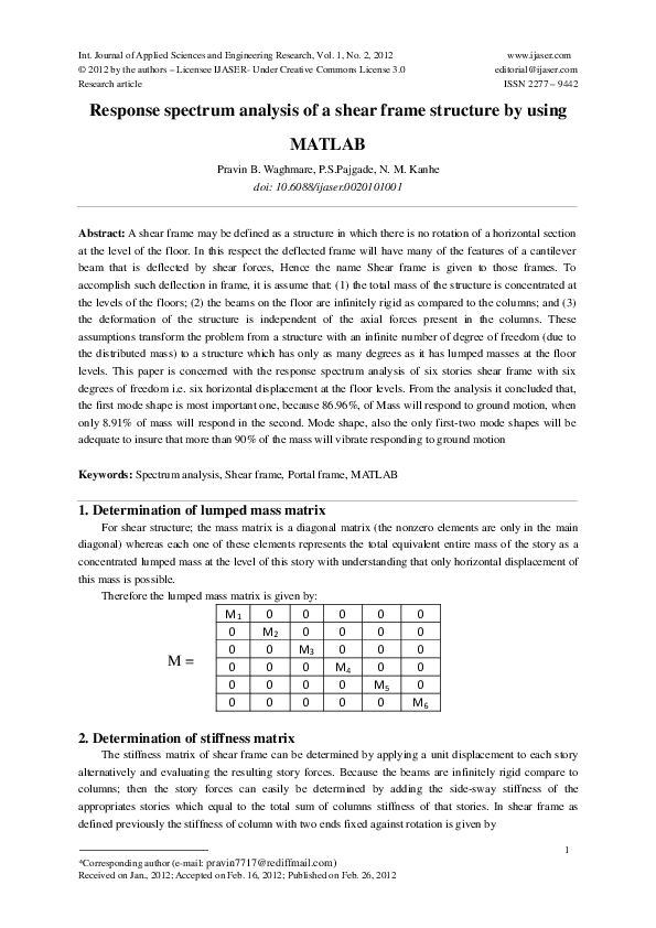 (PDF) Response spectrum analysis of a shear frame structure by using MATLAB (PDF) Response spectrum analysis of a shear frame structure by using MATLAB