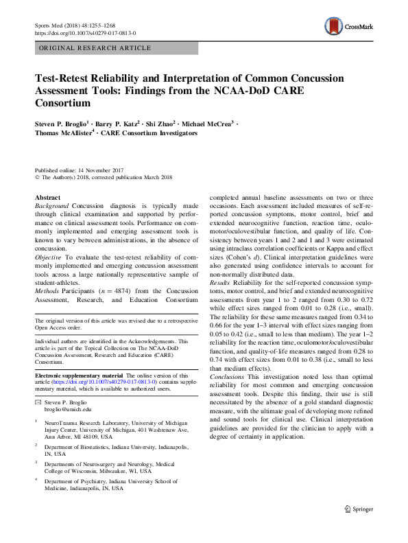 (PDF) Test-Retest Reliability and Interpretation of Common Concussion ...