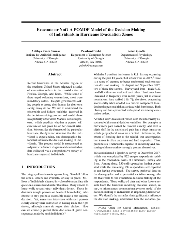 (PDF) Evacuate or Not? A POMDP Model of the Decision Making of Individuals in Hurricane ...