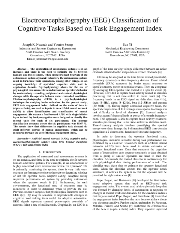 (PDF) Electroencephalography (EEG) classification of cognitive tasks based on task engagement index