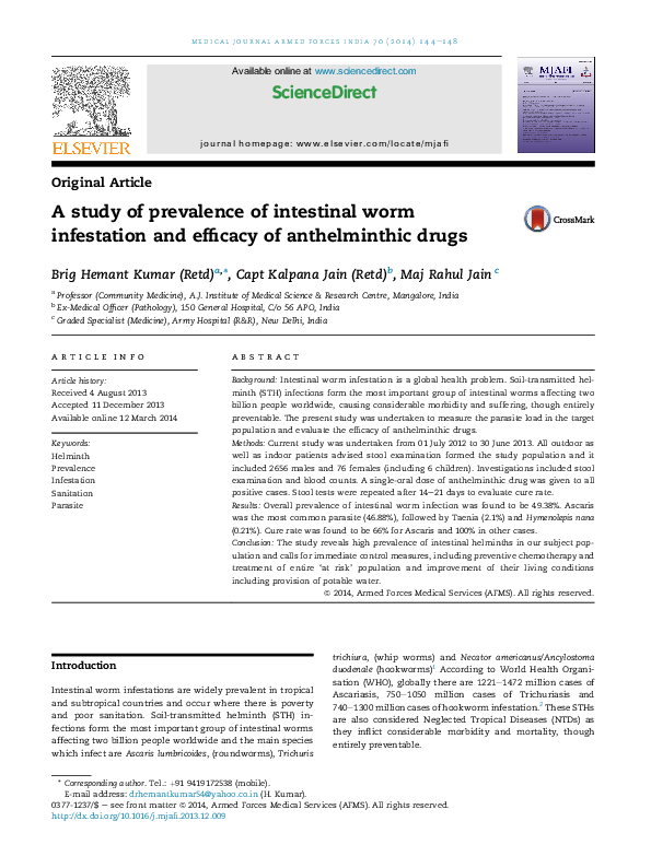 (PDF) A study of prevalence of intestinal worm infestation and efficacy ...