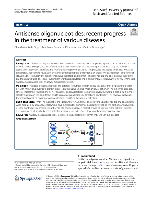 (PDF) Antisense oligonucleotides: recent progress in the treatment of ...