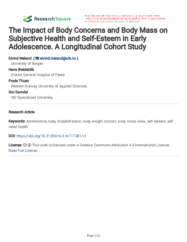 (PDF) The Impact of Body Concerns and Body Mass on Subjective Health and Self-Esteem in Early ...