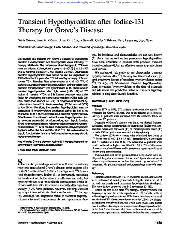 (PDF) Transient hypothyroidism after iodine-131 therapy for Graves' disease