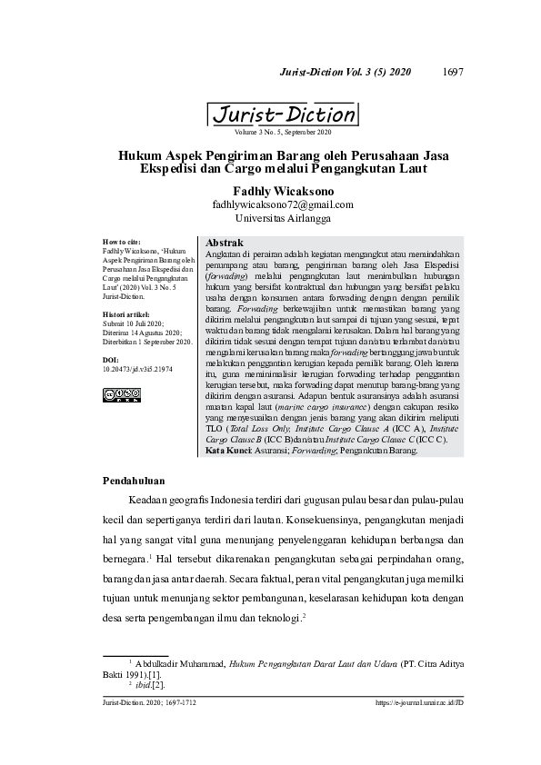 (PDF) Hukum Aspek Pengiriman Barang oleh Perusahaan Jasa Ekspedisi dan Cargo melalui ...