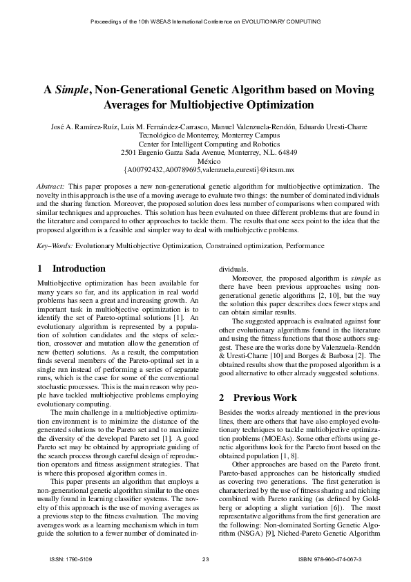 Pdf A Simple Non Generational Genetic Algorithm Based On Moving Averages For Multiobjective