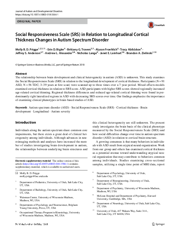 (PDF) Social Responsiveness Scale (SRS) in Relation to Longitudinal ...
