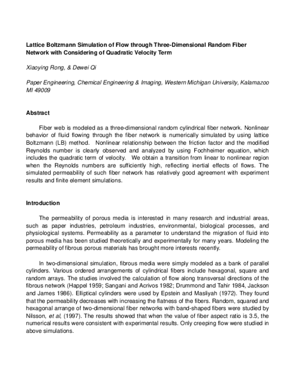 (PDF) Lattice Boltzmann simulation of flow through three-dimensional random fiber network with ...