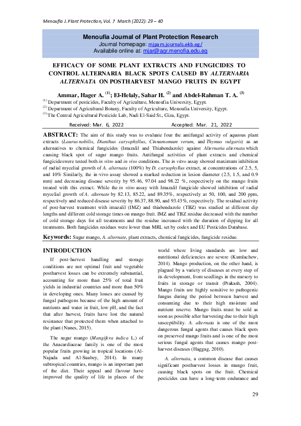 (PDF) Efficacy of Some Plant Extracts and Fungicides to Control Alternaria Black Spots Caused by ...