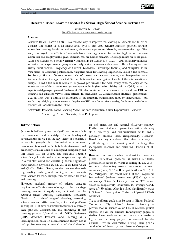 (PDF) Research-Based Learning Model for Senior High School Science ...
