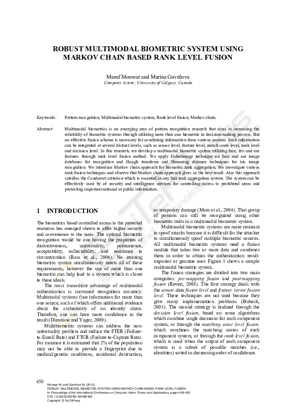 Pdf Robust Multimodal Biometric System Using Markov Chain Based Rank Level Fusion