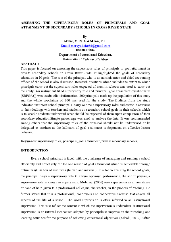 (DOC) ASSESSING THE SUPERVISORY ROLES OF PRINCIPALS AND GOAL ATTAINMENT OF PRIVATE SECONDARY ...