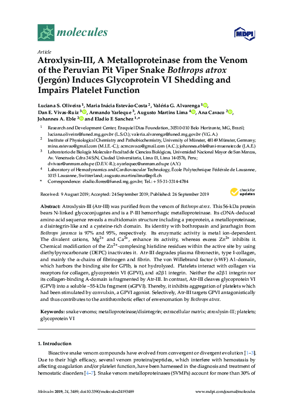 (PDF) Atroxlysin-III, A Metalloproteinase from the Venom of the ...
