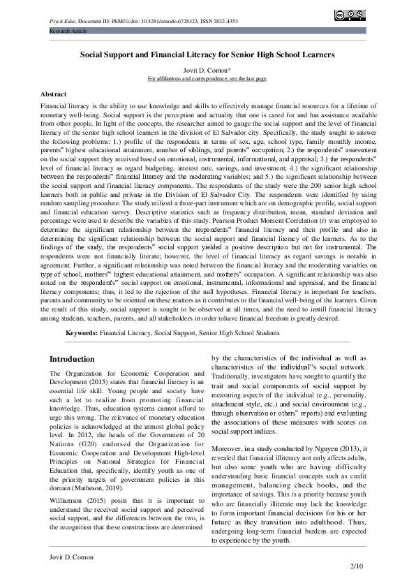 (PDF) Social Support and Financial Literacy for Senior High School Learners