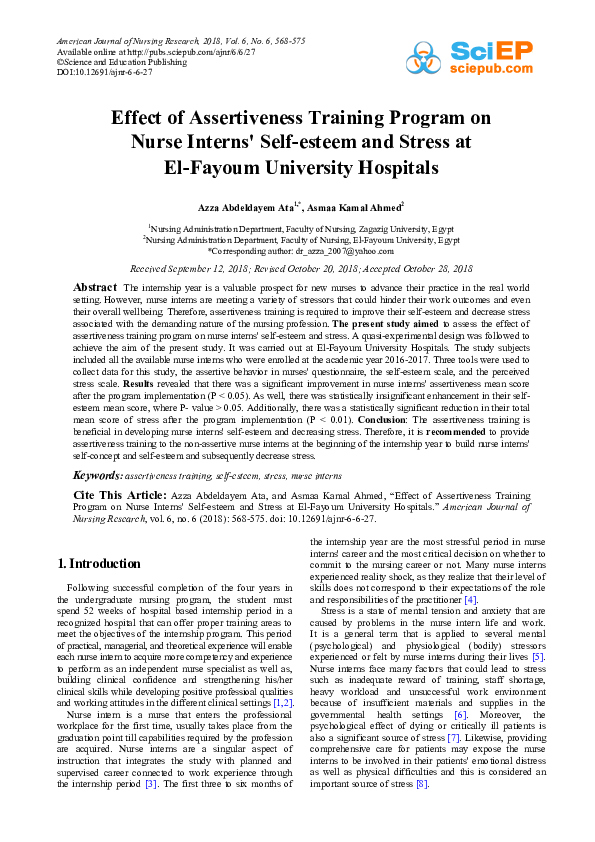 (PDF) Effect of Assertiveness Training Program on Nurse Interns' Self-esteem and Stress at El ...
