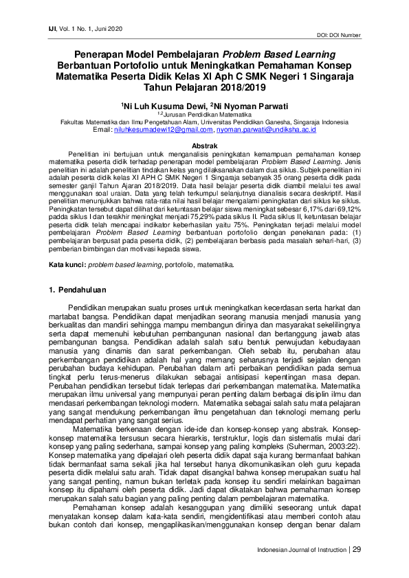 (PDF) Penerapan Model Pembelajaran Problem Based Learning Berbantuan Portofolio untuk ...