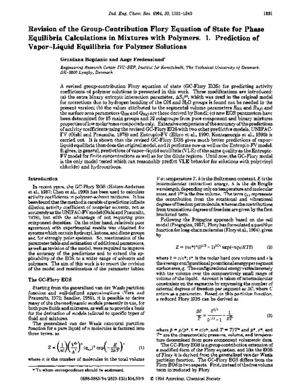 (PDF) Revision of the Group-Contribution Flory Equation of State for Phase Equilibria ...