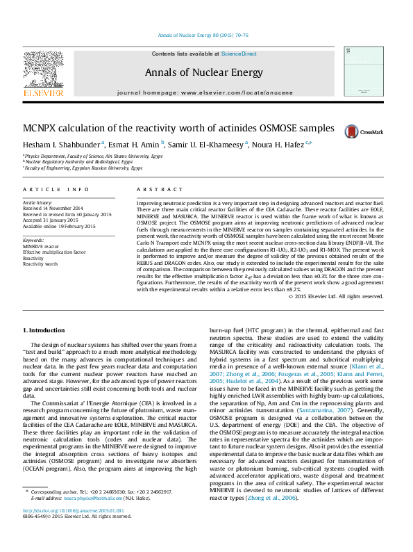 (PDF) MCNPX calculation of the reactivity worth of actinides OSMOSE samples
