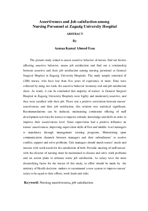 (PDF) Assertiveness and Job satisfaction among Nursing Personnel at Zagazig University Hospital