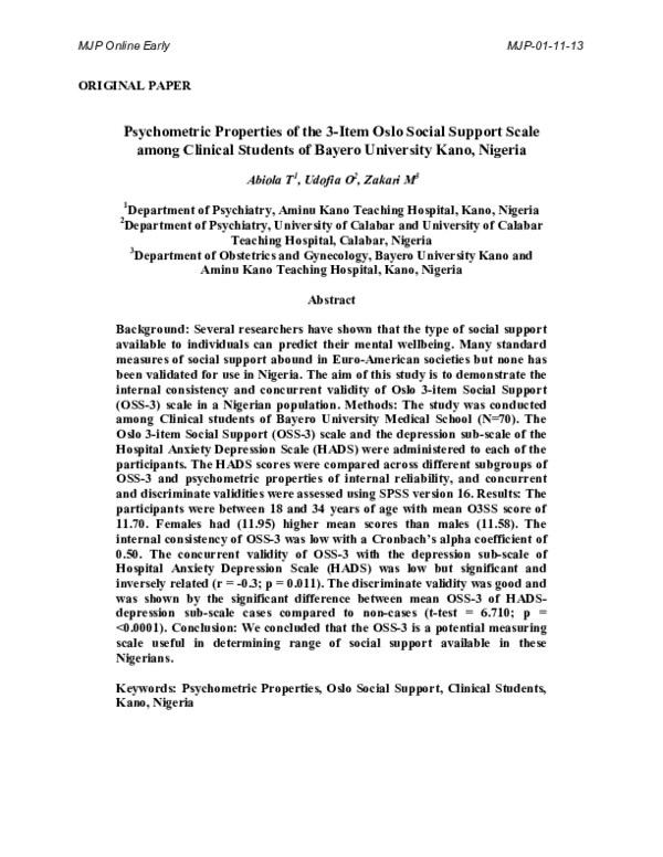 (PDF) Psychometric Properties of the 3-Item Oslo Social Support Scale ...