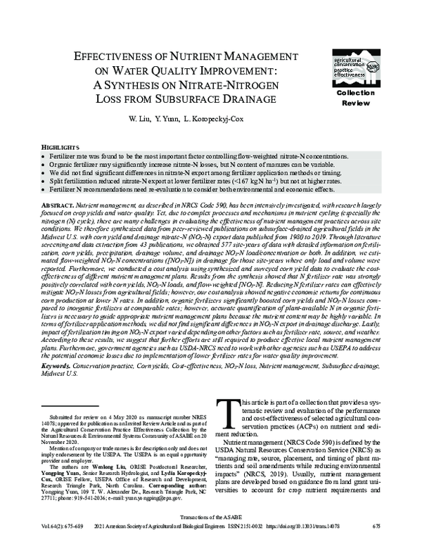 (PDF) Effectiveness of Nutrient Management on Water Quality Improvement ...