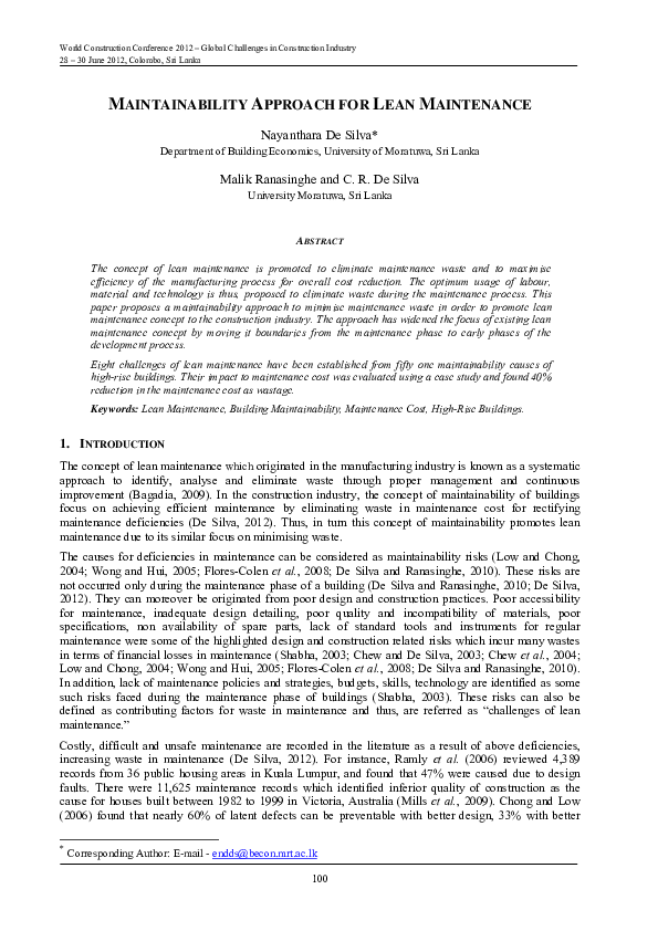 (PDF) Maintainability approach for lean maintenance