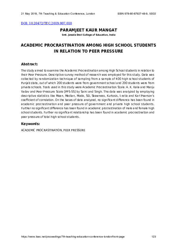 (PDF) Academic Procrastination Among High School Students in Relation to Peer Pressure