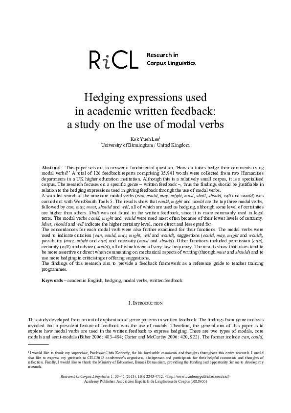 (PDF) Hedging expressions used in academic written feedback: a study on ...