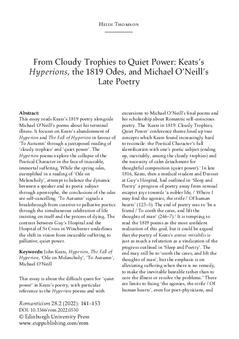 (PDF) From Cloudy Trophies to Quiet Power: Keats's Hyperions, the 1819 ...