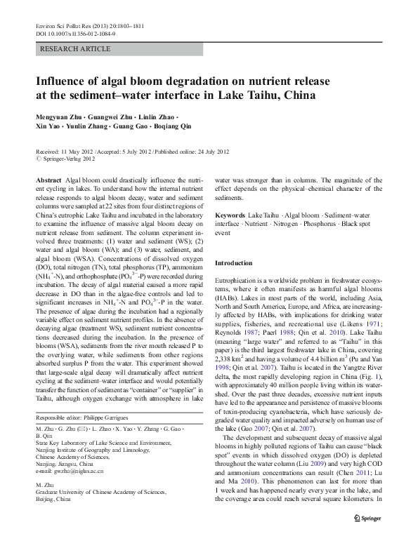 (PDF) Influence of algal bloom degradation on nutrient release at the ...