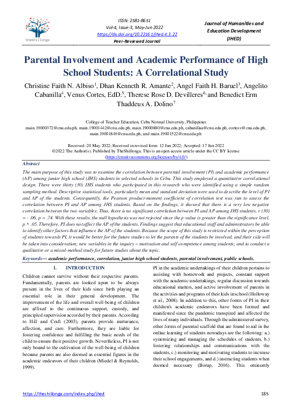 (PDF) Parental Involvement and Academic Performance of High School ...