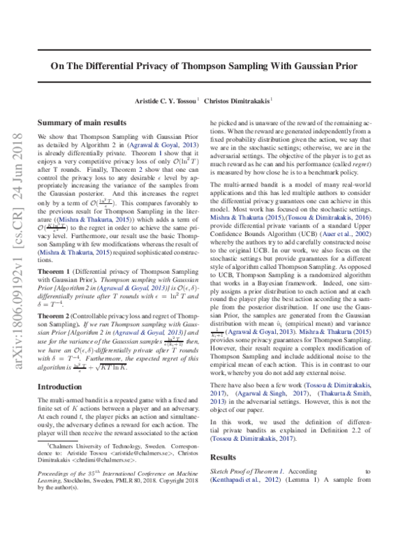 (PDF) On The Differential Privacy of Thompson Sampling With Gaussian Prior
