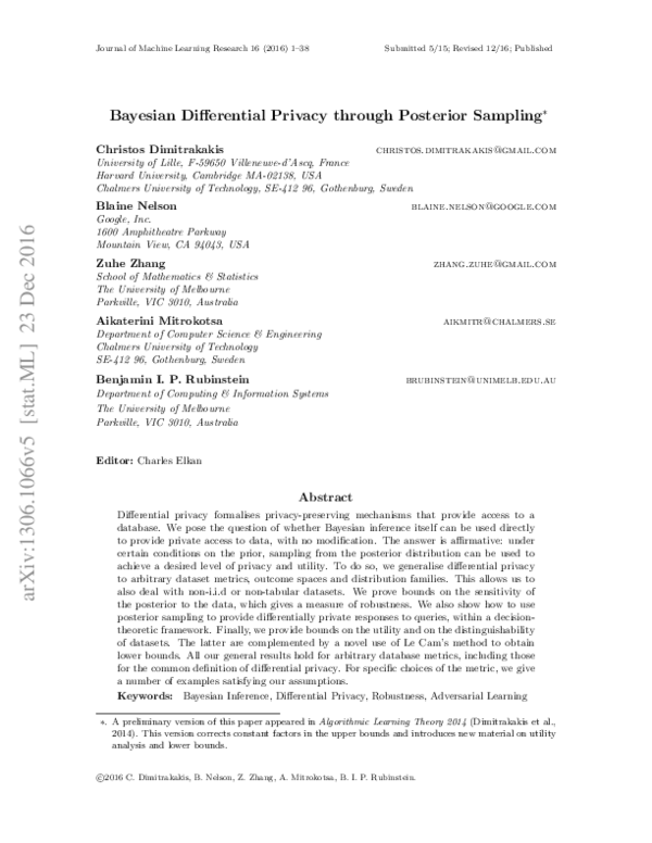 (PDF) B.I.P.: Robust and private bayesian inference | Christos Dimitrakakis - Academia.edu