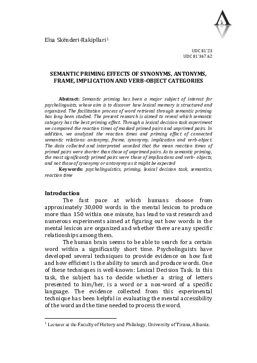 (PDF) Semantic Priming Effects of Synonyms, Antonyms, Frame ...
