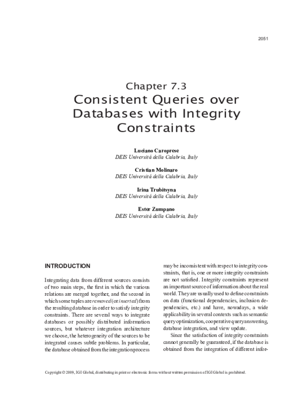 (PDF) Consistent Queries over Databases with Integrity Constraints