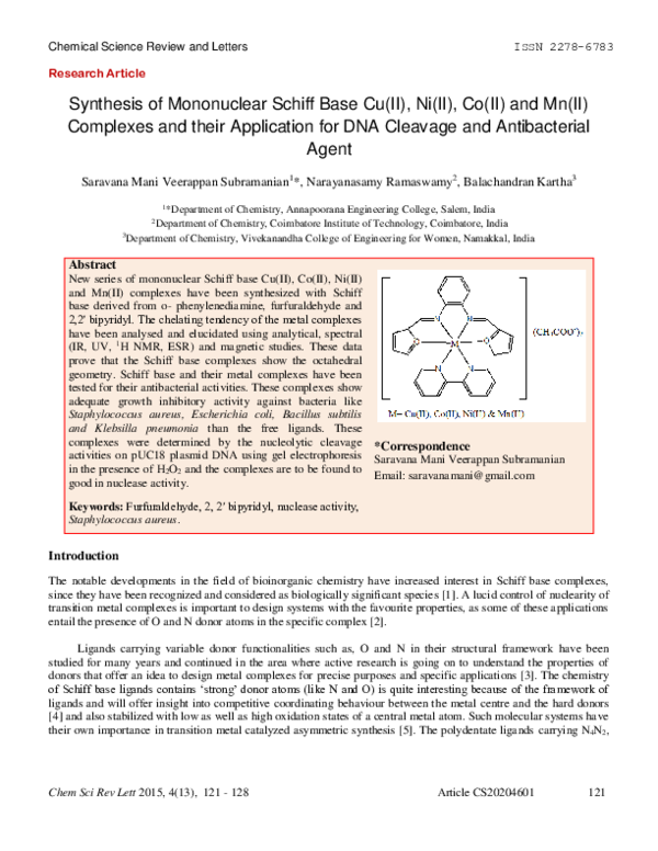 Pdf Synthesis Of Mononuclear Schiff Base Cu Ii Ni Ii Co