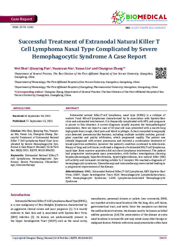 (PDF) Successful Treatment of Extranodal Natural Killer T Cell Lymphoma Nasal Type Complicated ...