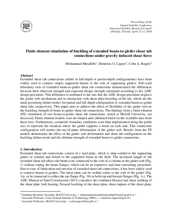 Pdf Finite Element Simulation Of Buckling Of Extended Beam To Girder Shear Tab Connections