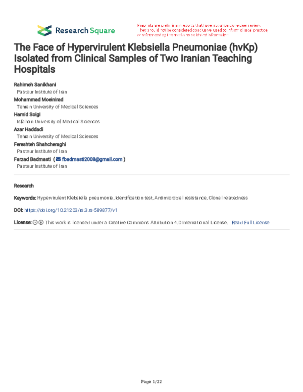 (PDF) The Face of Hypervirulent Klebsiella Pneumoniae (hvKp) Isolated ...
