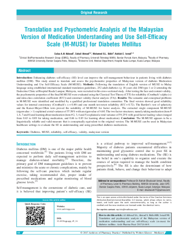 (PDF) Translation and psychometric analysis of the Malaysian version of ...