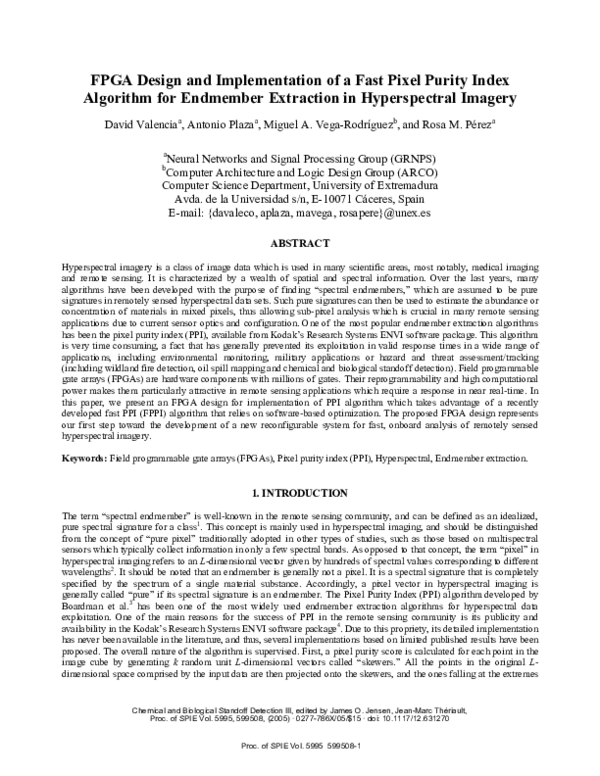 Pdf Fpga Design And Implementation Of A Fast Pixel Purity Index Algorithm For Endmember
