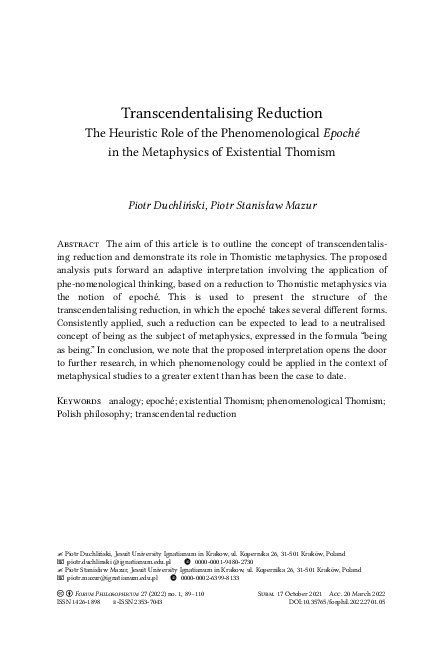 (PDF) Transcendentalising Reduction The Heuristic Role of the ...