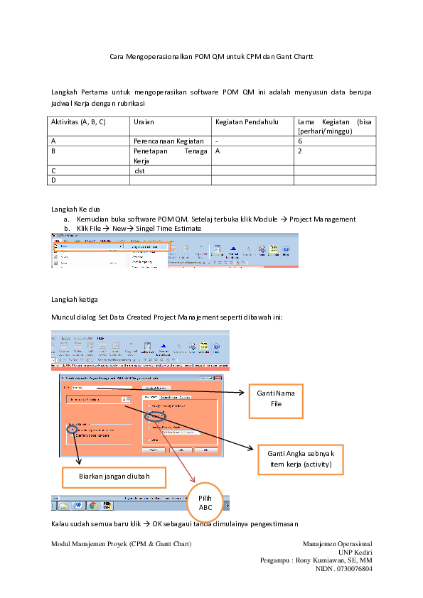 (PDF) Cara Mengoperasionalkan POM QM untuk CPM dan Gant Chartt