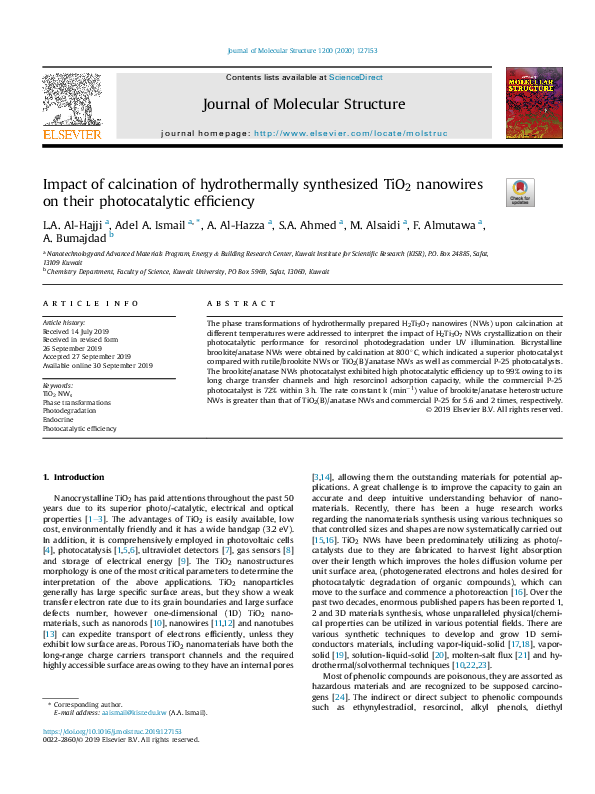 (PDF) Impact of calcination of hydrothermally synthesized TiO2 nanowires on their photocatalytic ...